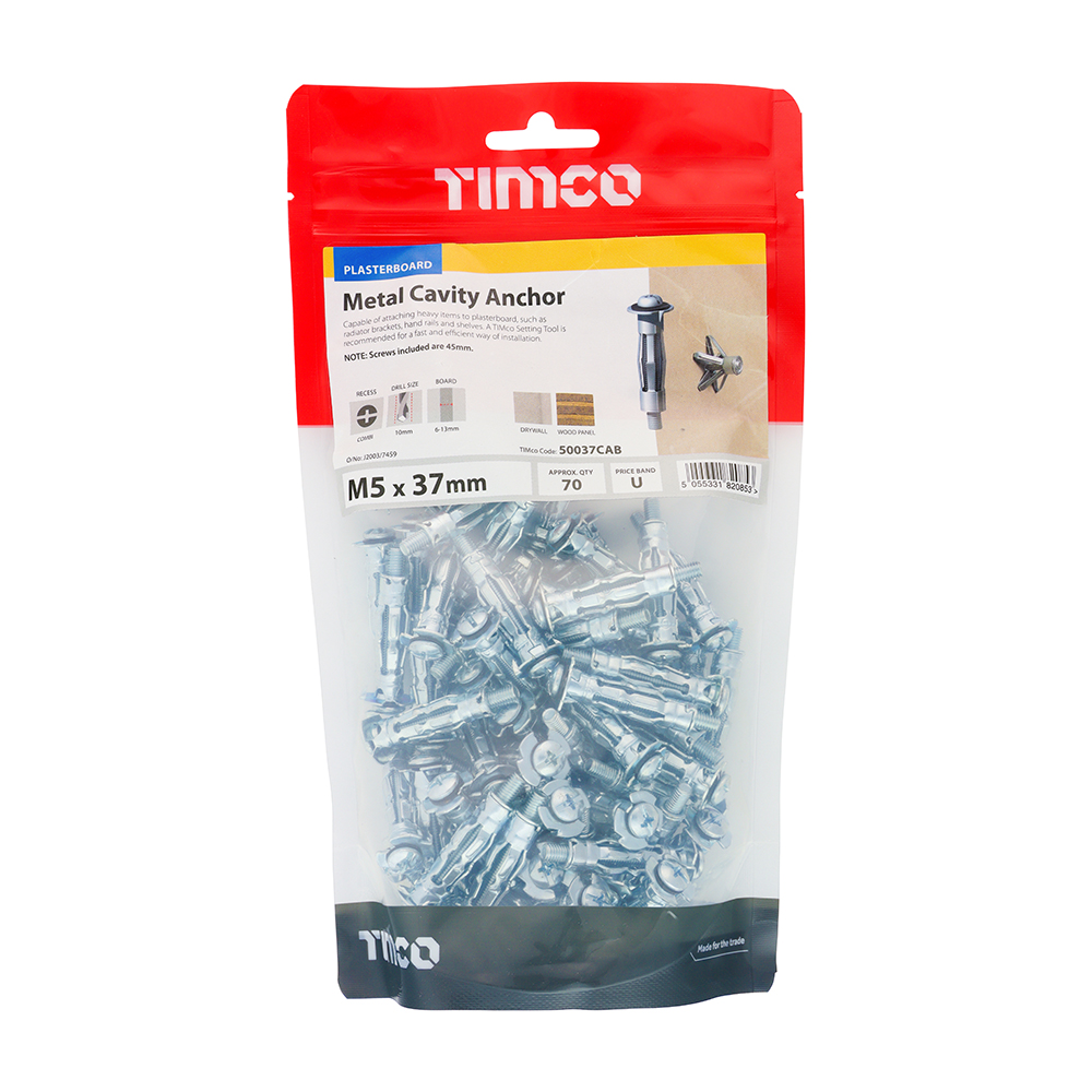 Timco Metal Cavity Anchors - M5 x 37 (45mm Screw) Pack of 70 - ERoofing